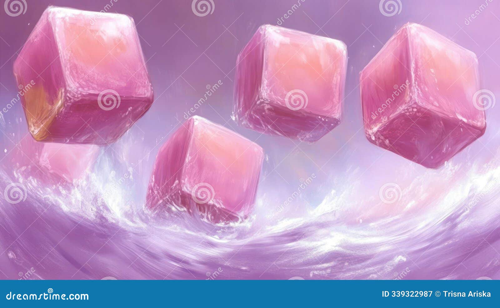 Four Pink Ice Cubes Floating in a Swirling, Soft-colored Liquid ...