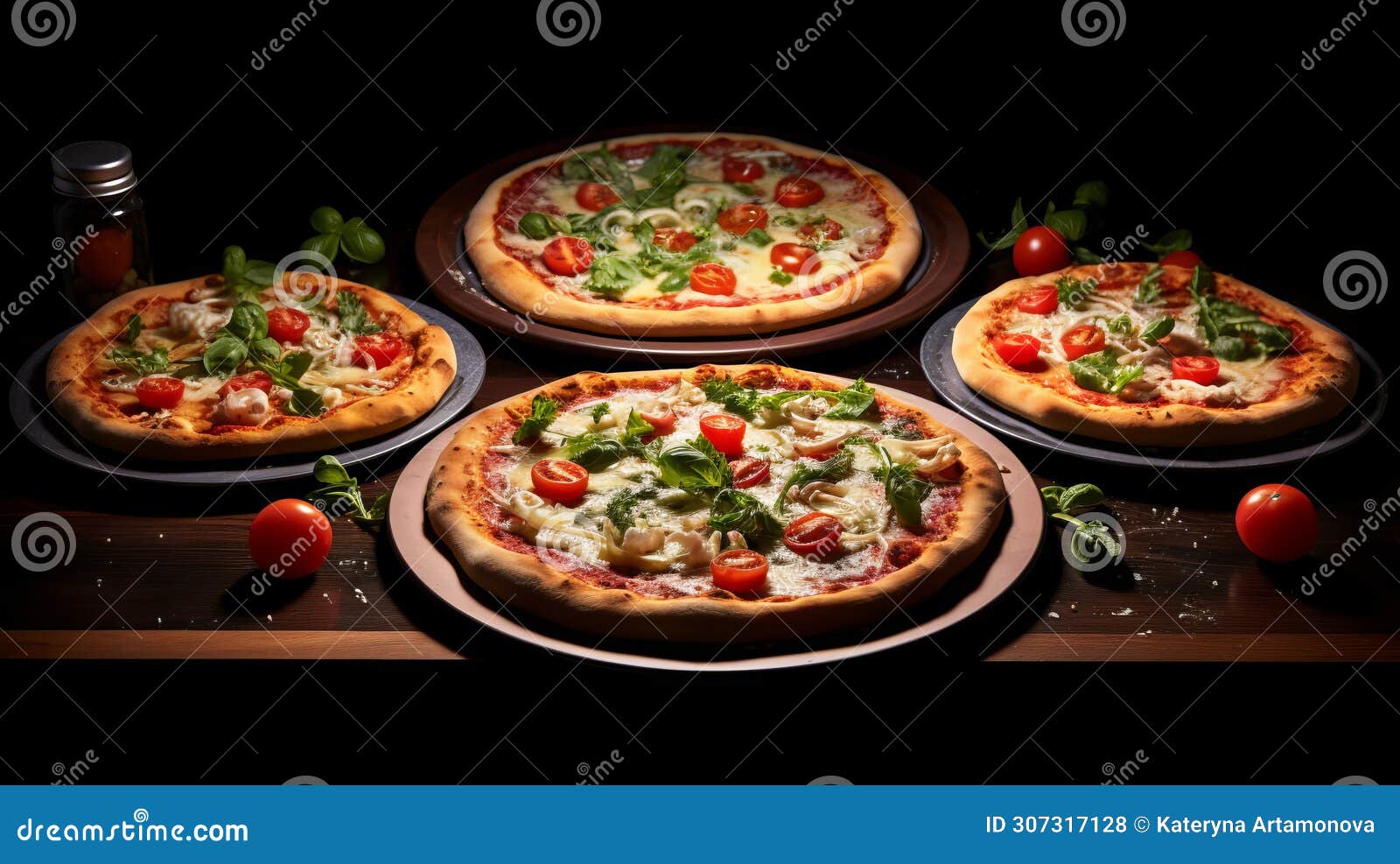 Four Pizzas with Different Toppings on a Table. Generative AI. Stock ...