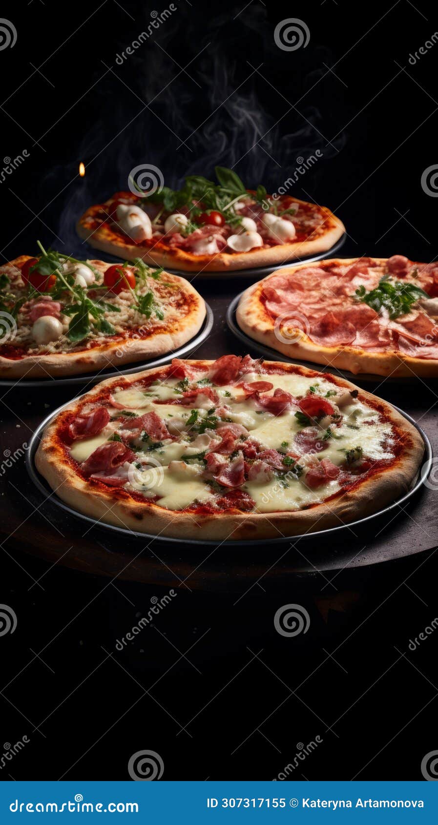 Four Pizzas with Different Toppings on a Table. Generative AI. Stock ...