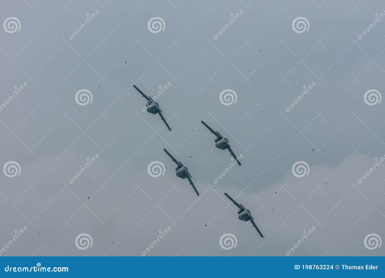 Four Planes with Many Birds during a Air Show Stock Photo - Image of ...