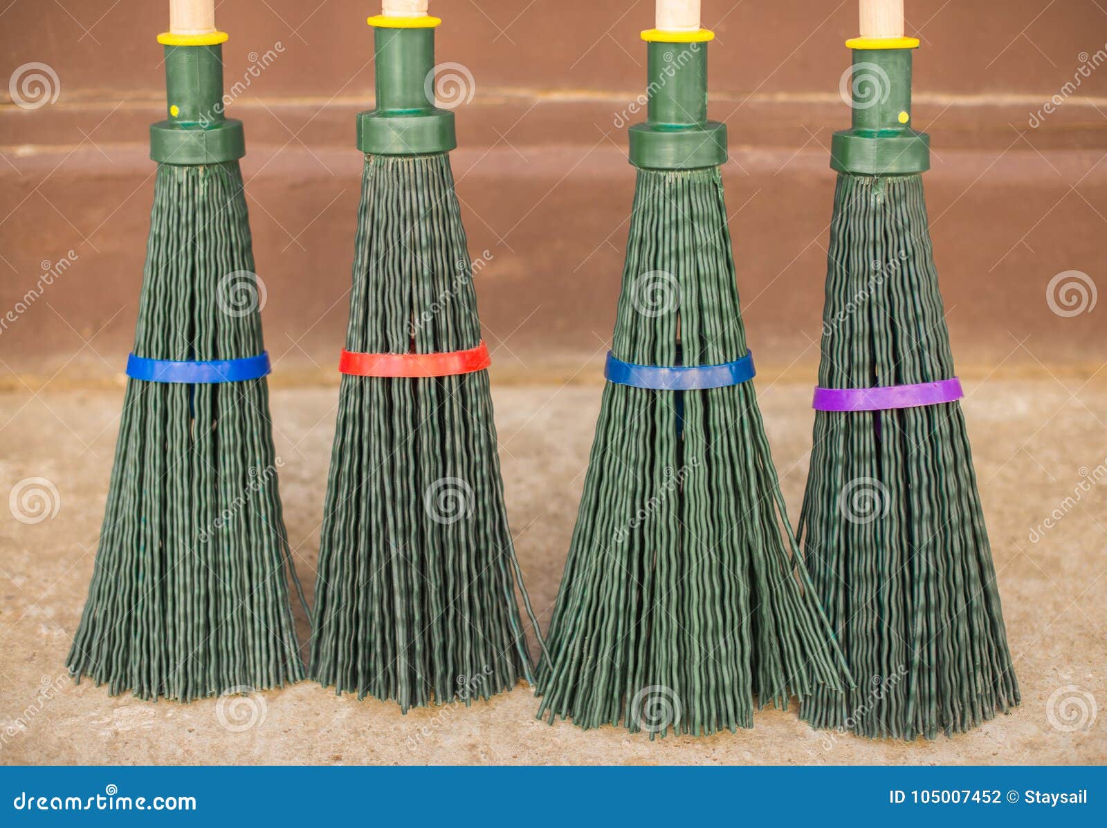 Four plastic garden broom. stock photo. Image of besom - 105007452
