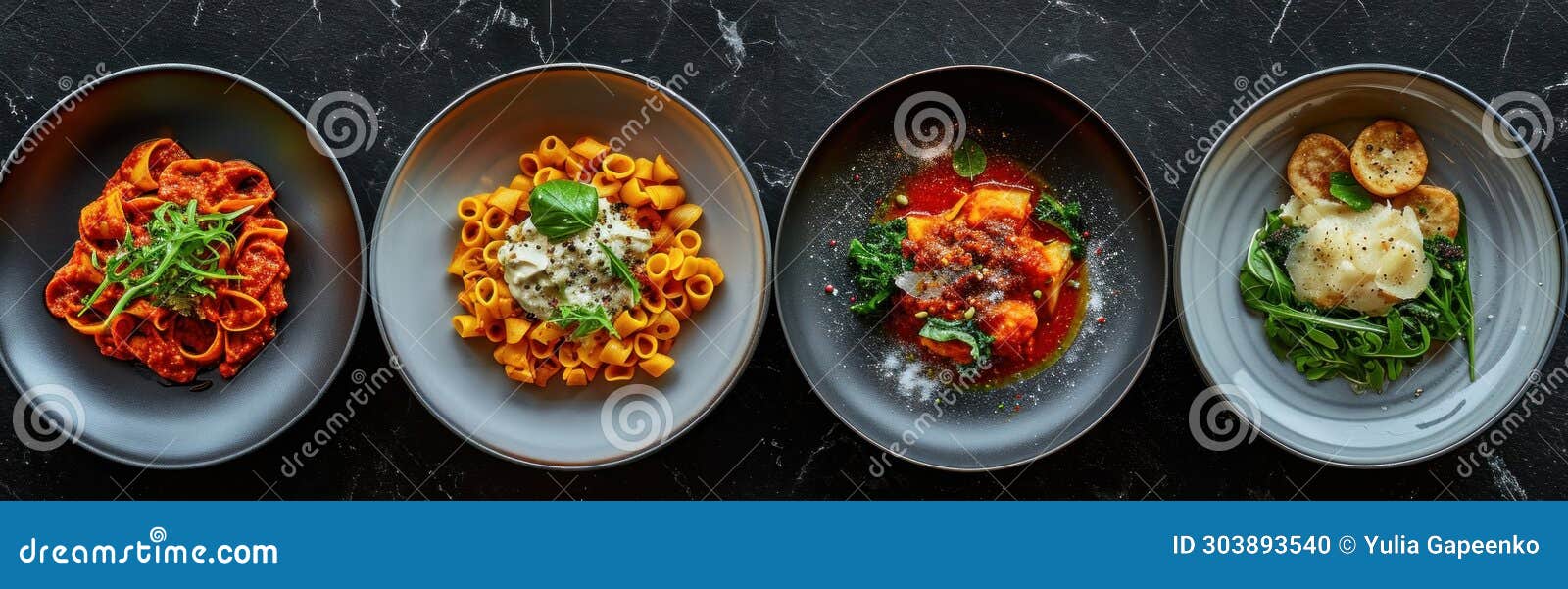 Four Plates Filled with Various Kinds of Foods Stock Photo - Image of ...