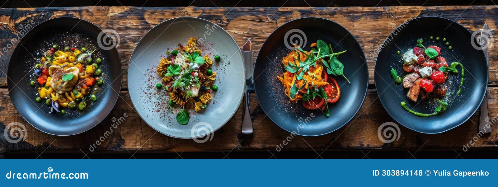 Four Plates Filled with Various Kinds of Foods Stock Photo - Image of ...