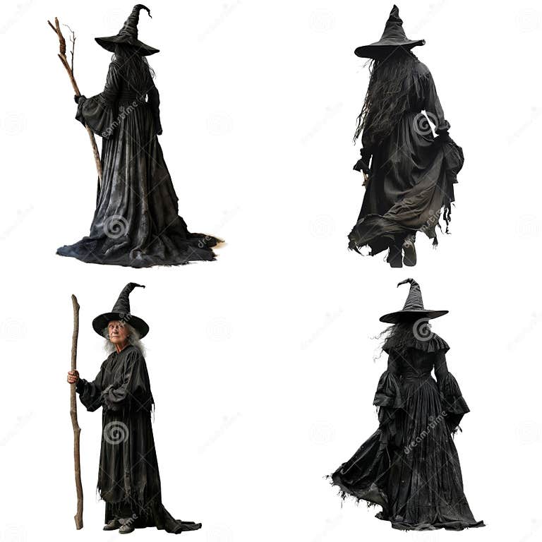 Four Poses of a Witch in Black Robes and a Pointed Hat Stock ...