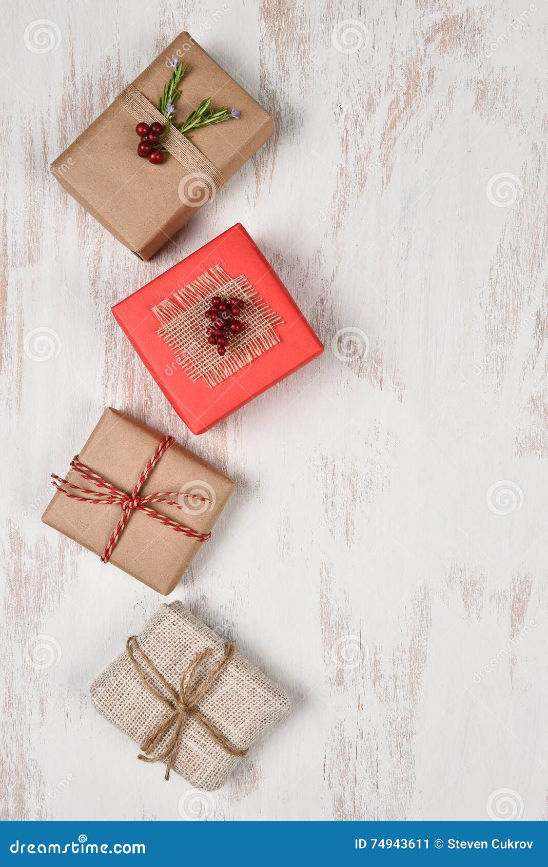 Four Presents with Copy Space Stock Image - Image of handmade, craft ...