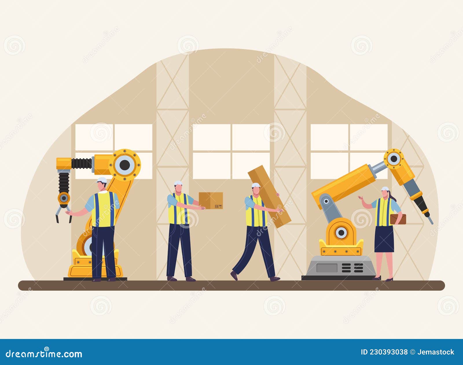 Four Production Workers Scene Stock Vector - Illustration of coworkers ...