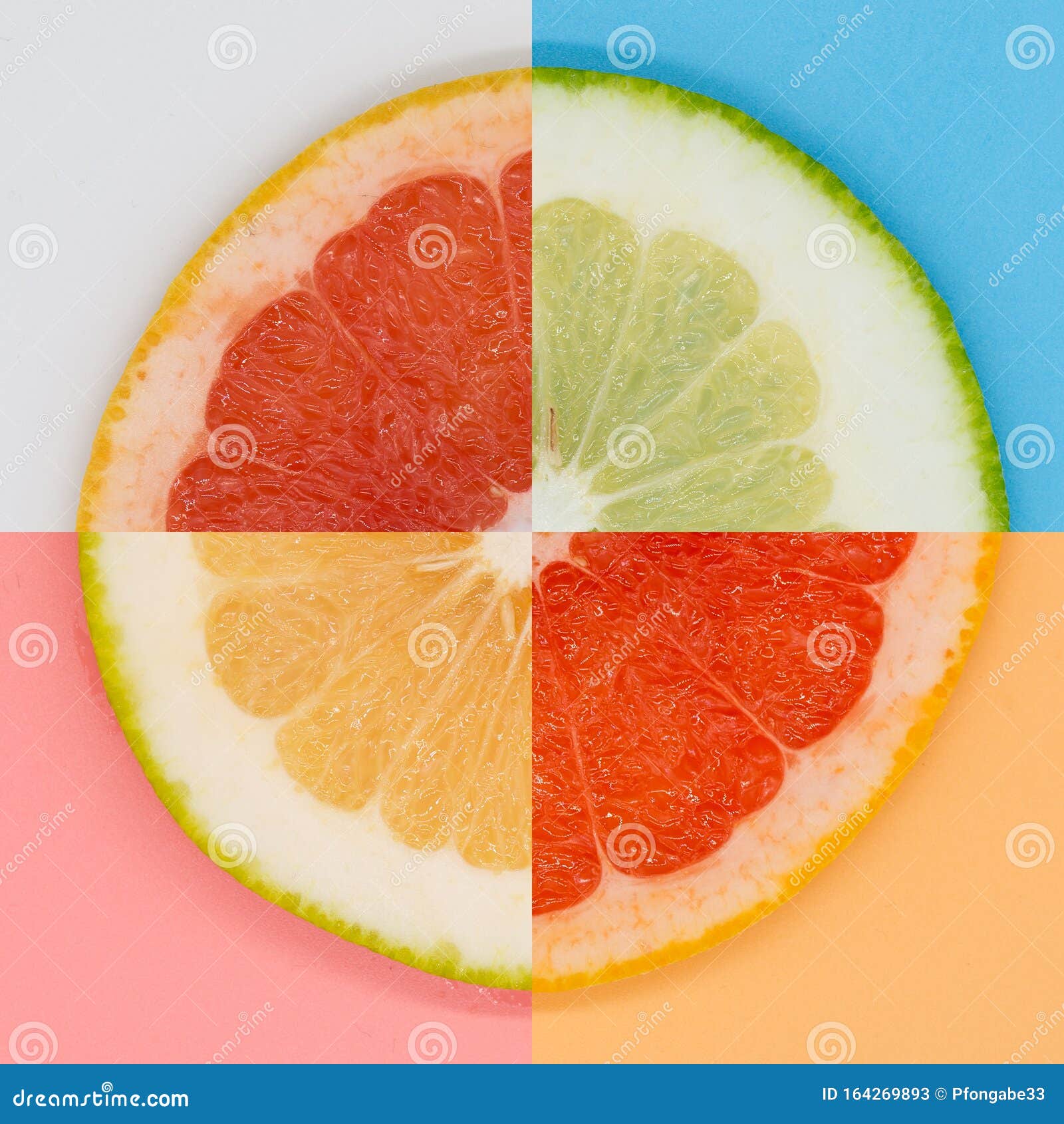Four Quarters of Grapefruit and Sweety on Various Colored Backgrounds ...