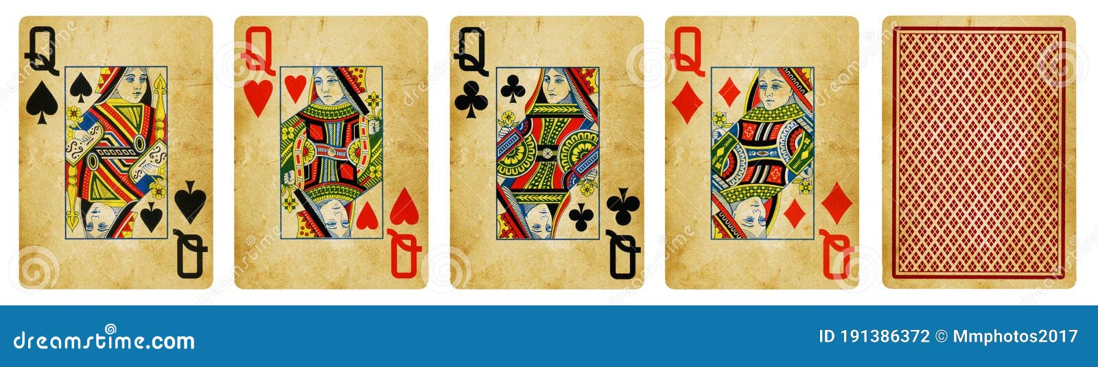 Four Queens Vintage Playing Cards - Isolated Stock Photo - Image of ...