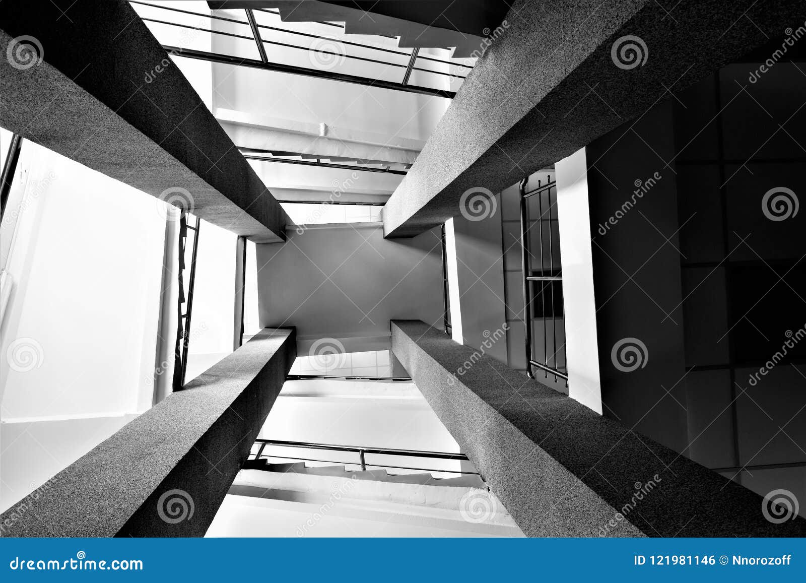 Four Rectangular Columns, Staircases with Metal Chrome Railing ...