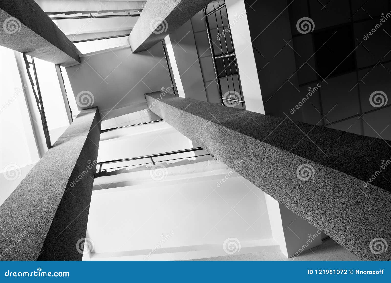 Four Rectangular Columns, Staircases with Metal Chrome Railing ...