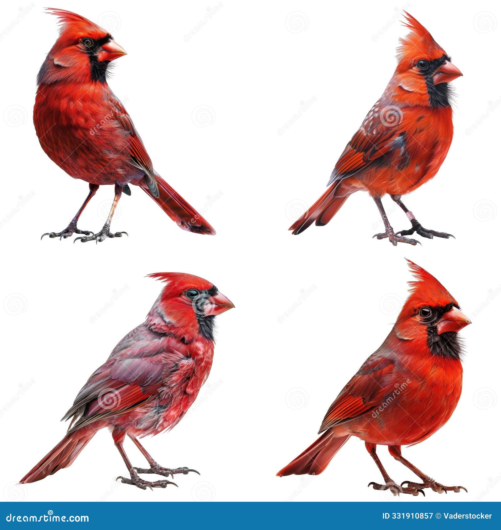 Four Red Cardinals with Different Poses on a White Background Stock ...
