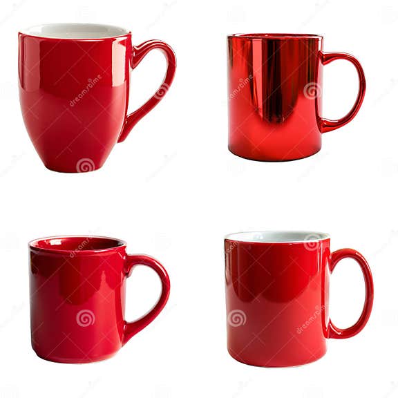 Four Red Ceramic Coffee Mugs with Different Styles and Handles Stock ...