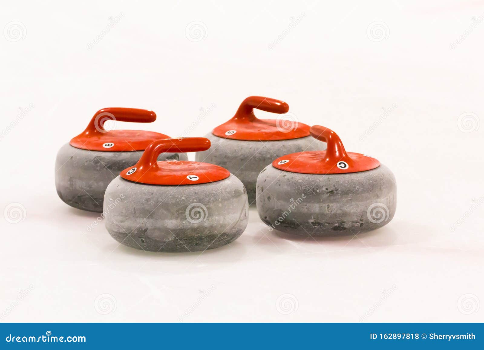 Four Red Curling Stones on Ice Stock Photo - Image of closeup, rock ...