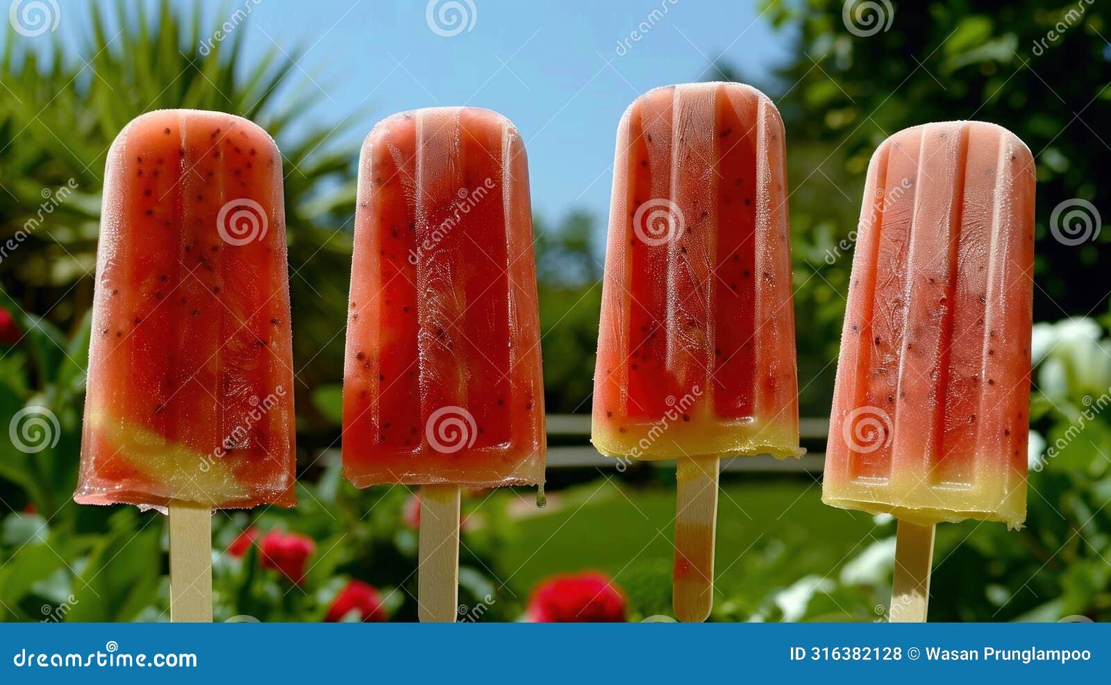 Four Red Popsicles Melting in Front of a Blurred Background of Greenery ...