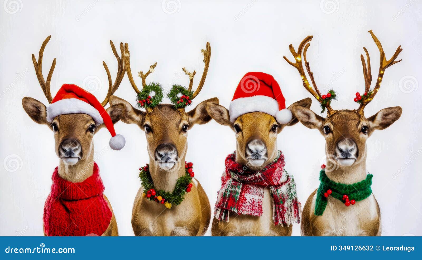 Four Reindeer Dressed for Christmas, Standing Together in a Festive ...