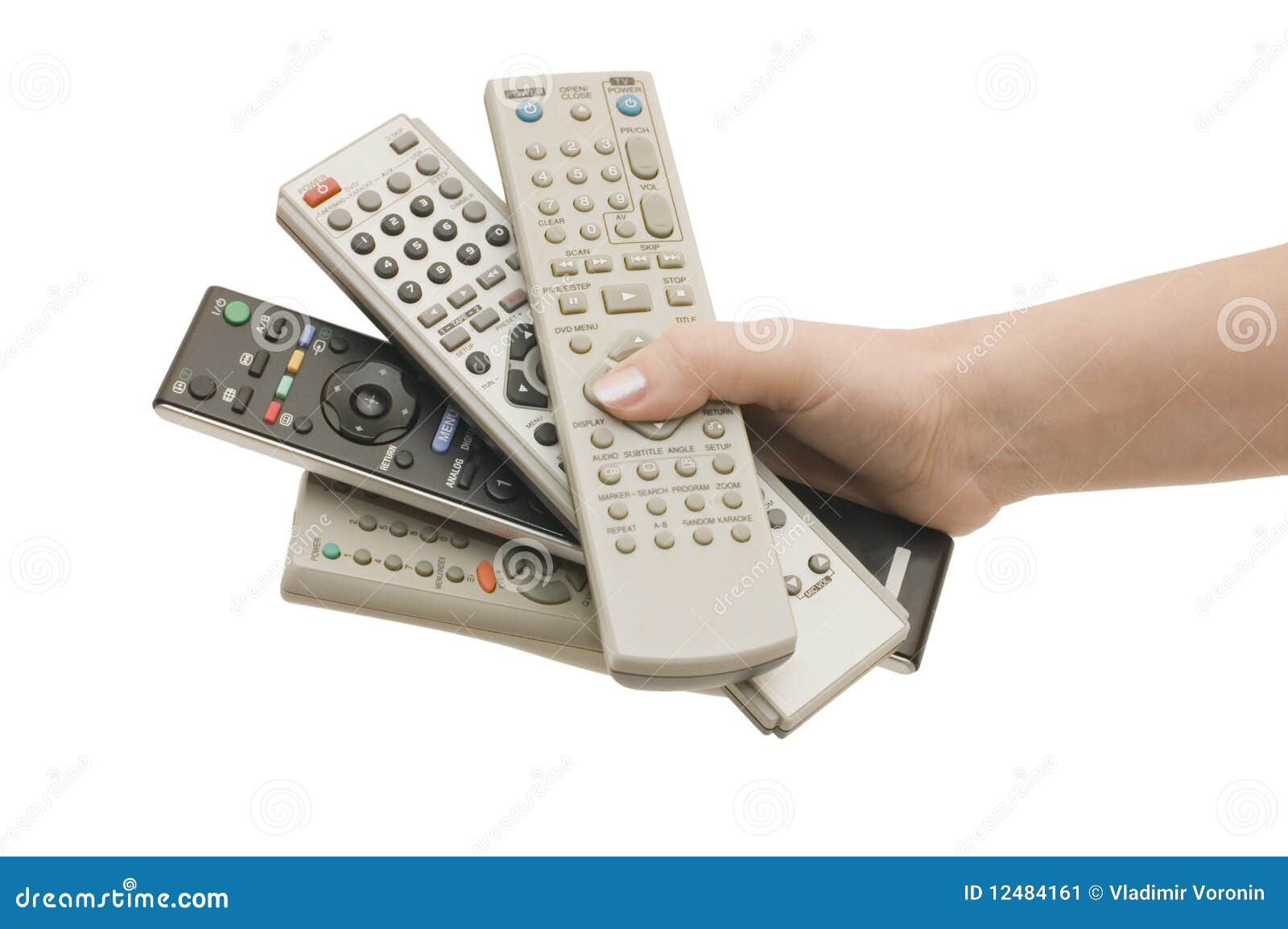 Four Remote Control in a Hand Stock Image - Image of device, addict ...