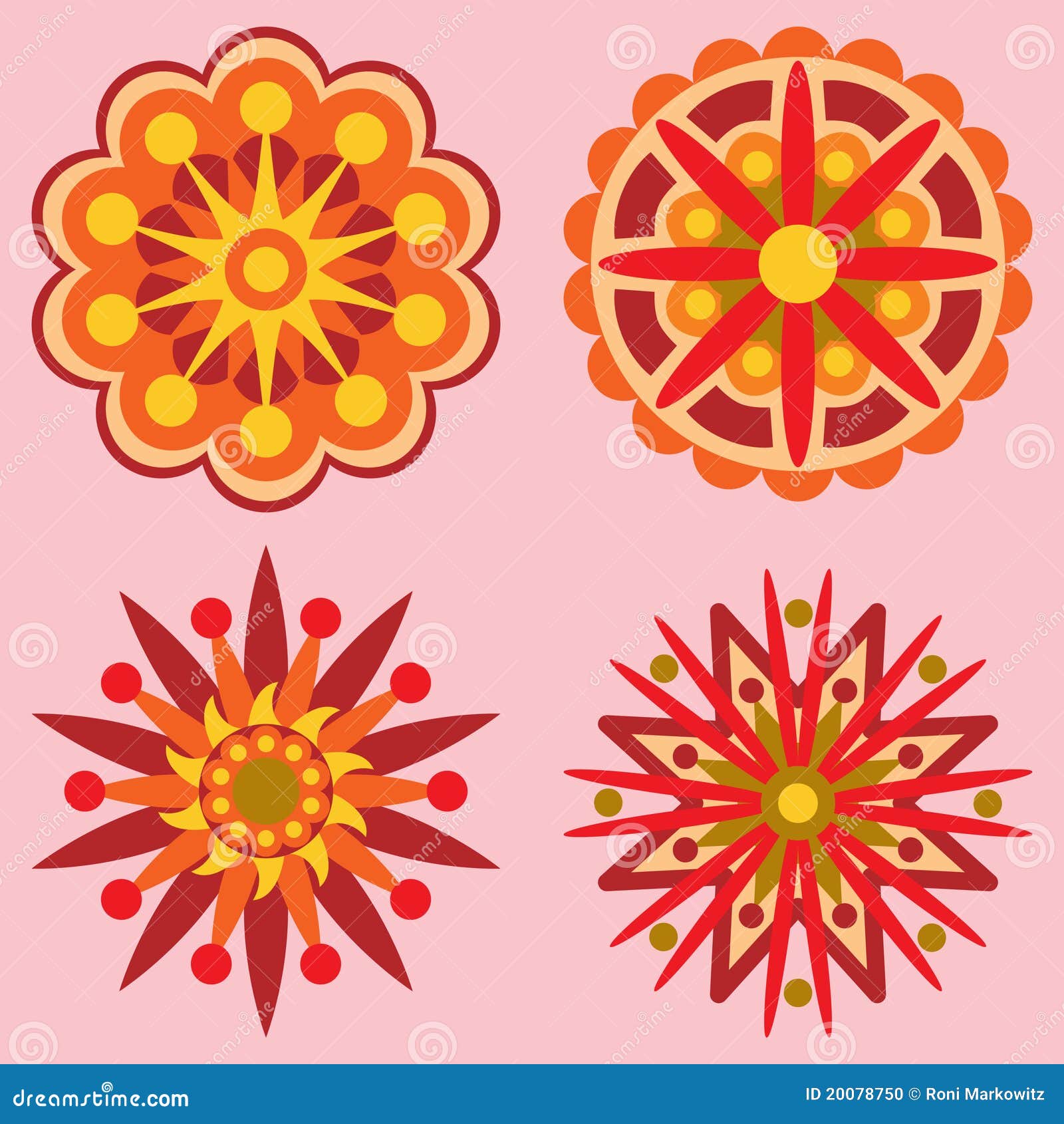 Four Retro Flowers Design Elements Stock Vector - Illustration of green ...
