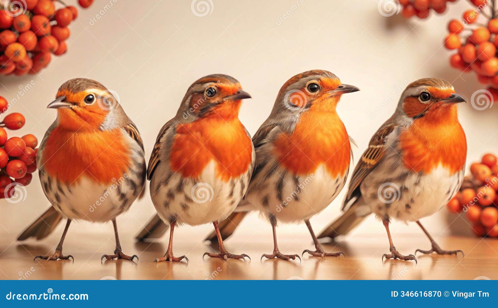 Four Robins Stand in a Row Against a Cream Background with Red Berries ...