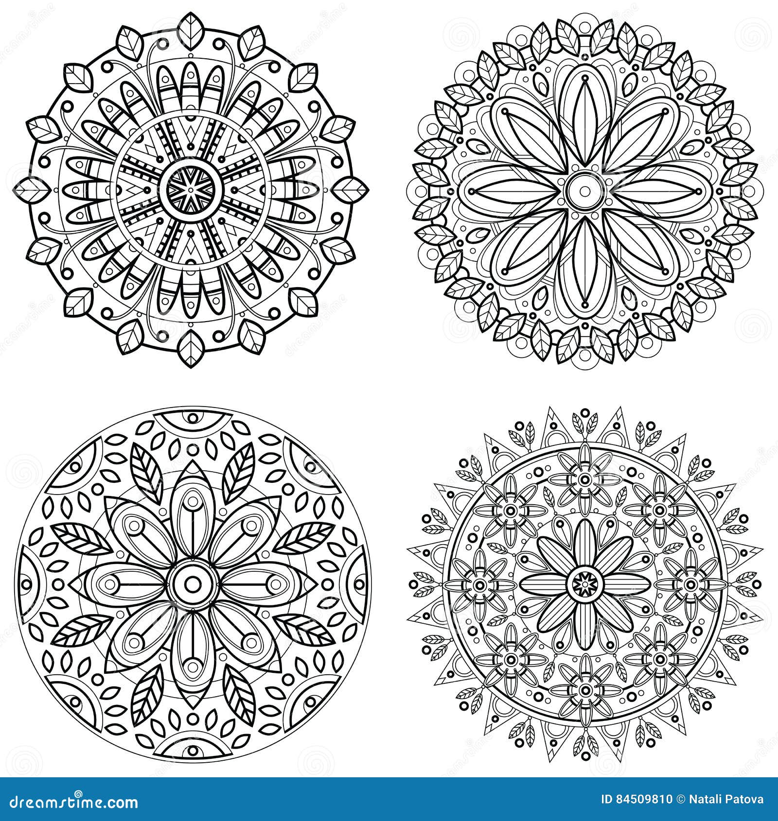 Four Round Ornaments - Spring Flower. Mandala Set for Coloring Book ...