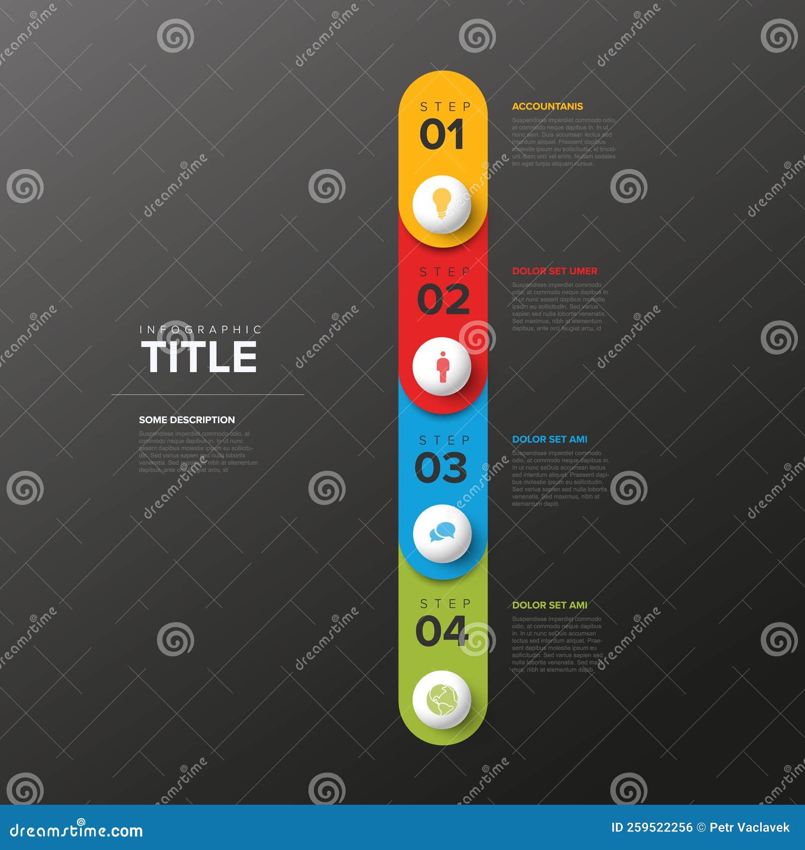 Four Rounded Vertical Steps Elements Template with Stripes and Spheres ...
