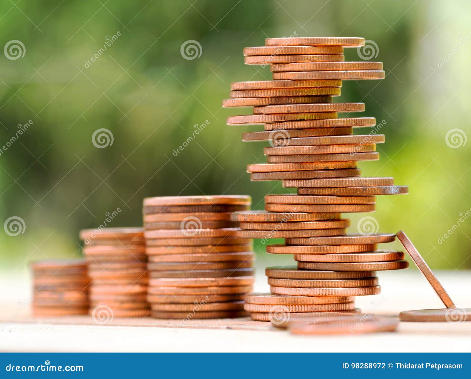 Four Rows of Rising Growth Golden Stack Coins with Unstable Stack ...