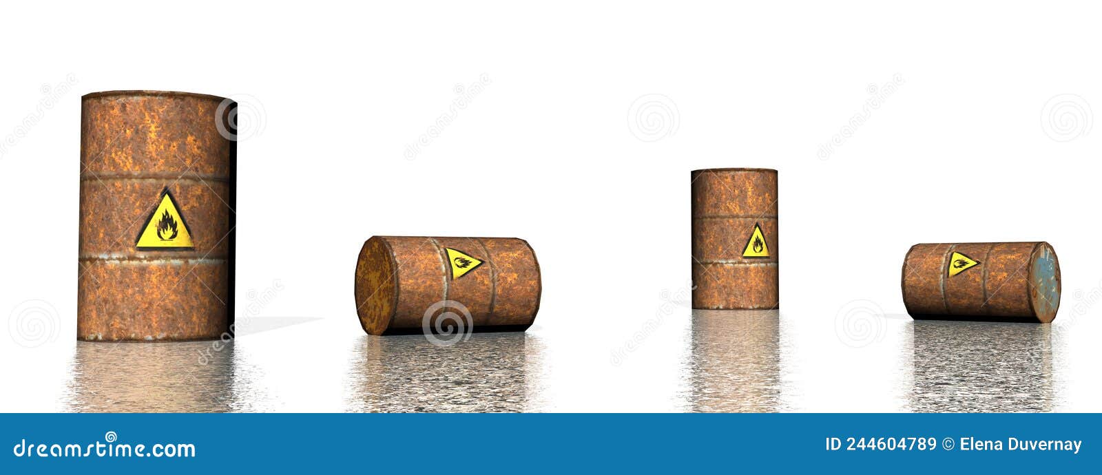 Four Rusty Barrels with Inflammable Logo - 3D Render Stock Illustration ...