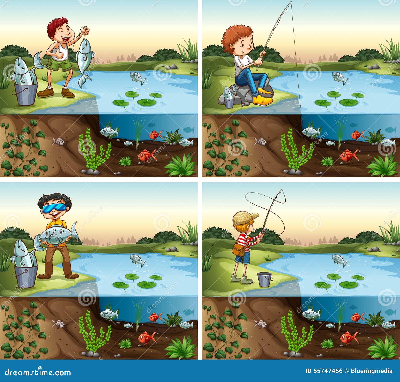 Four Scenes of Boy Fishing in the Pond Stock Vector - Illustration of ...