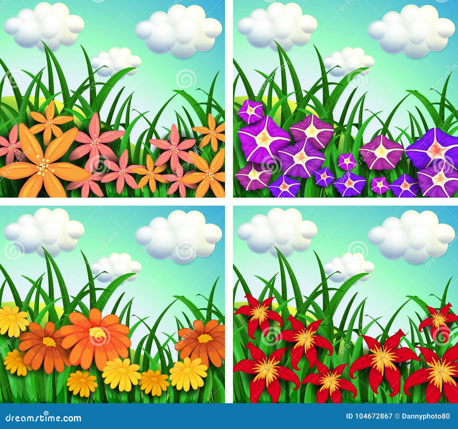 Four Scenes of Flower Fields Stock Vector - Illustration of spring ...