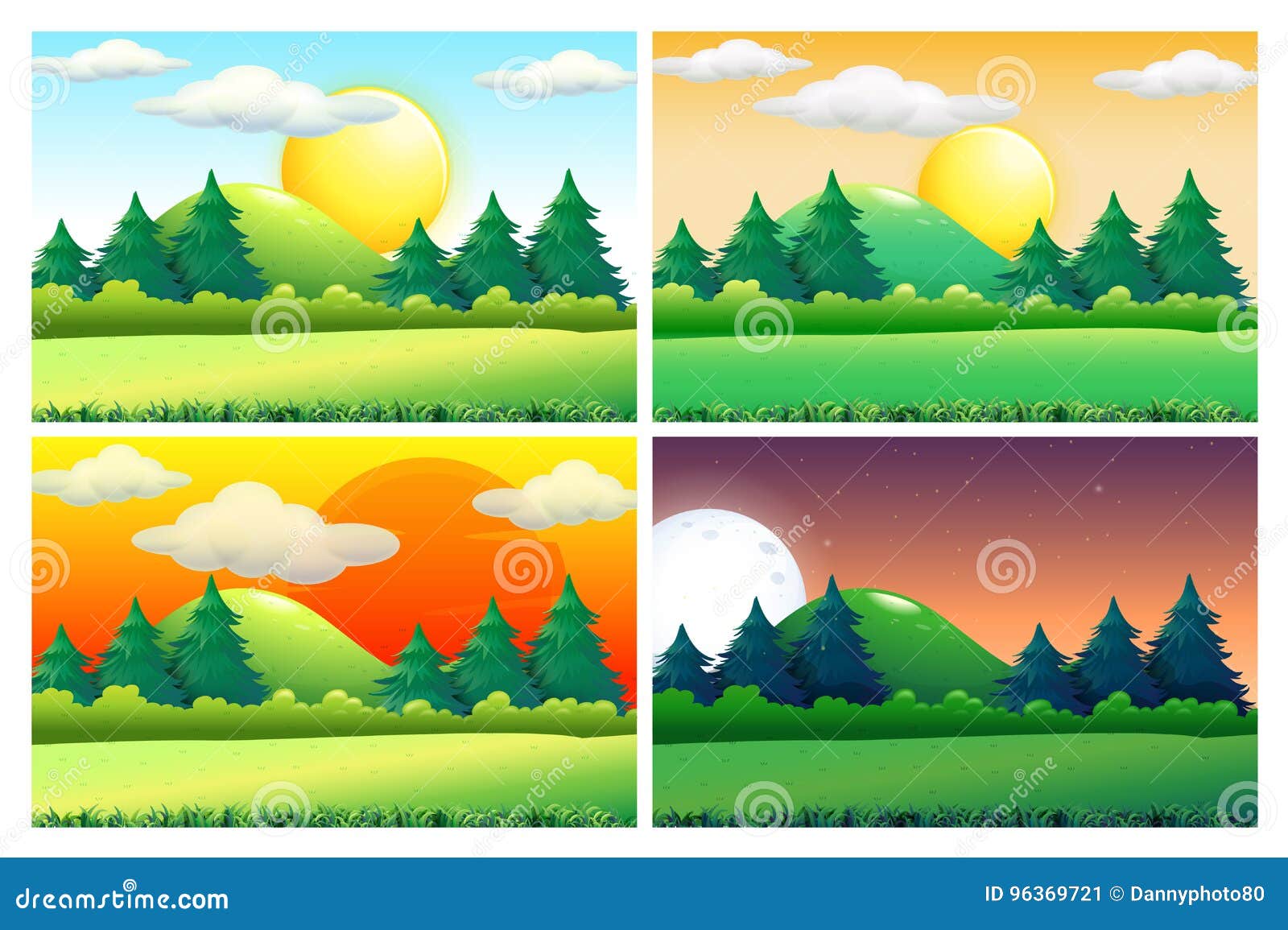 Four Scenes of Green Fields at Different Times of Day Stock Vector ...