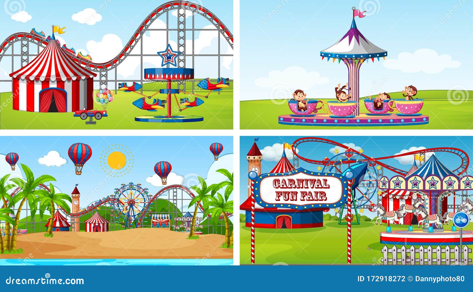 Four Scenes with Many Rides in the Fun Fair Stock Vector - Illustration ...
