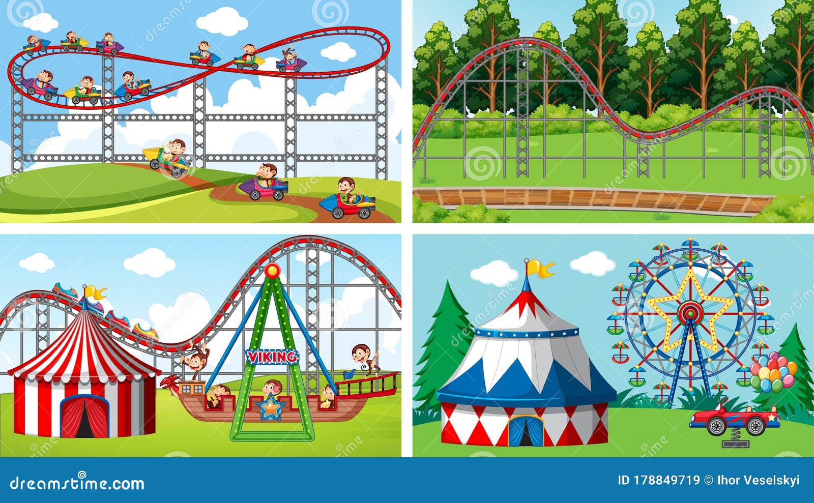 Four Scenes with Many Rides in the Fun Fair Stock Illustration ...