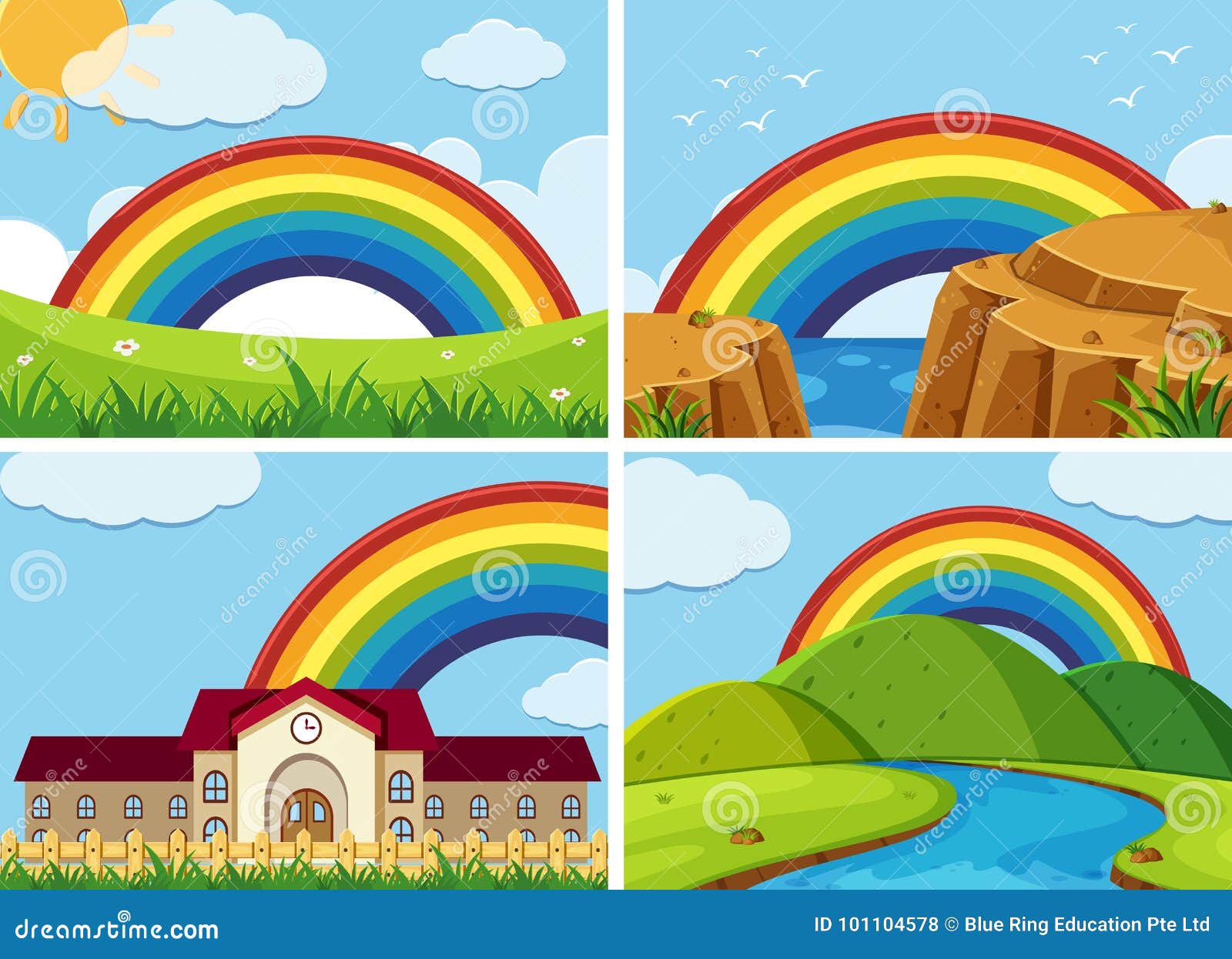 Four Scenes with Rainbow in the Sky Stock Vector - Illustration of ...
