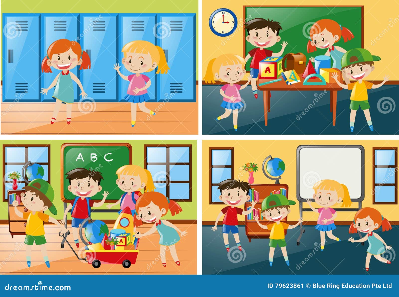 Four Scenes with Students at School Stock Vector - Illustration of ...