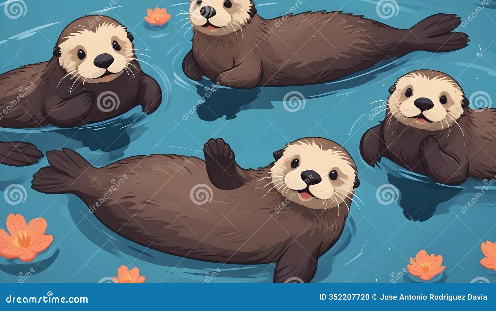 Four Sea Otters Floating in the Water, Stock Illustration ...