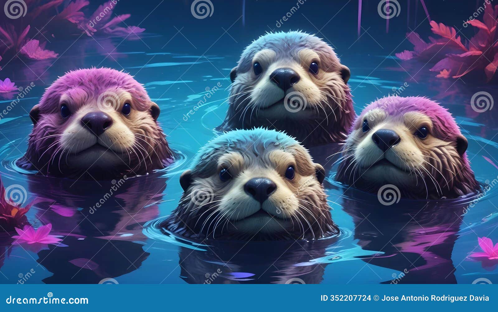 Four Sea Otters Floating in the Water, Stock Illustration ...