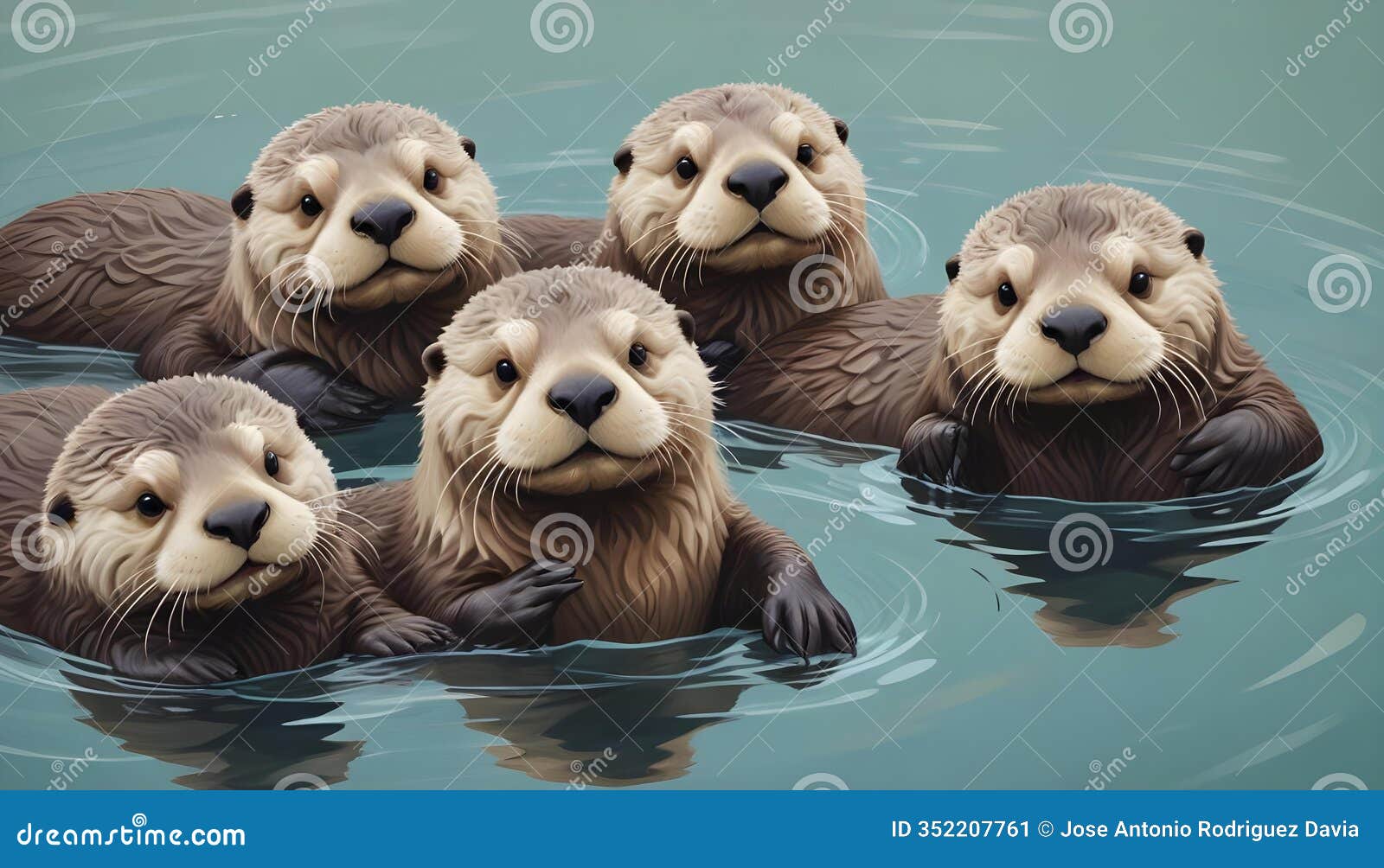 Four Sea Otters Floating in the Water, Stock Illustration ...