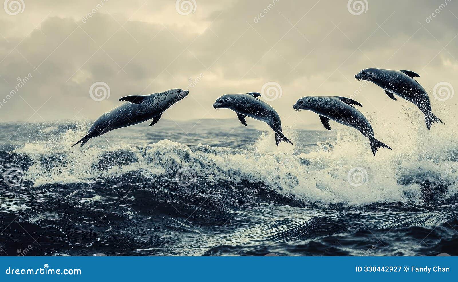 Four Seals Leap Over Ocean Waves Stock Illustration - Illustration of ...