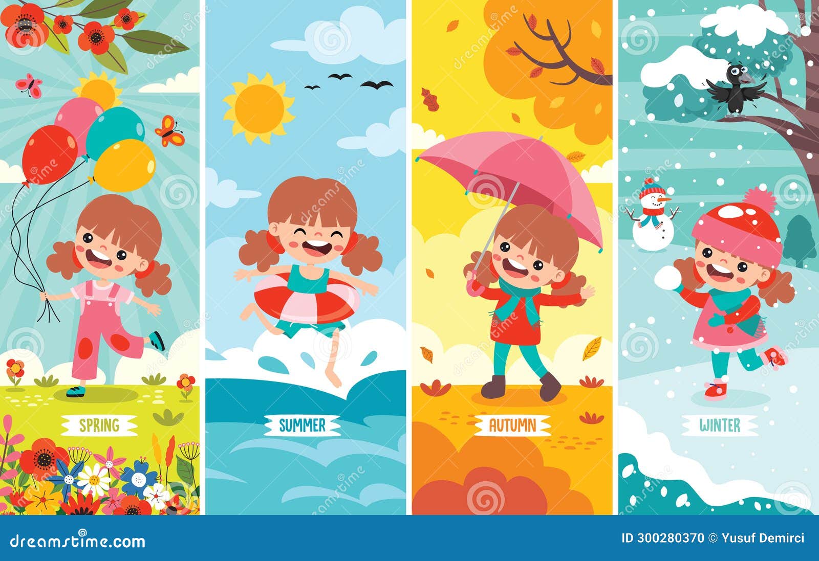 Four Seasons with Cartoon Kid Stock Vector - Illustration of leaves ...