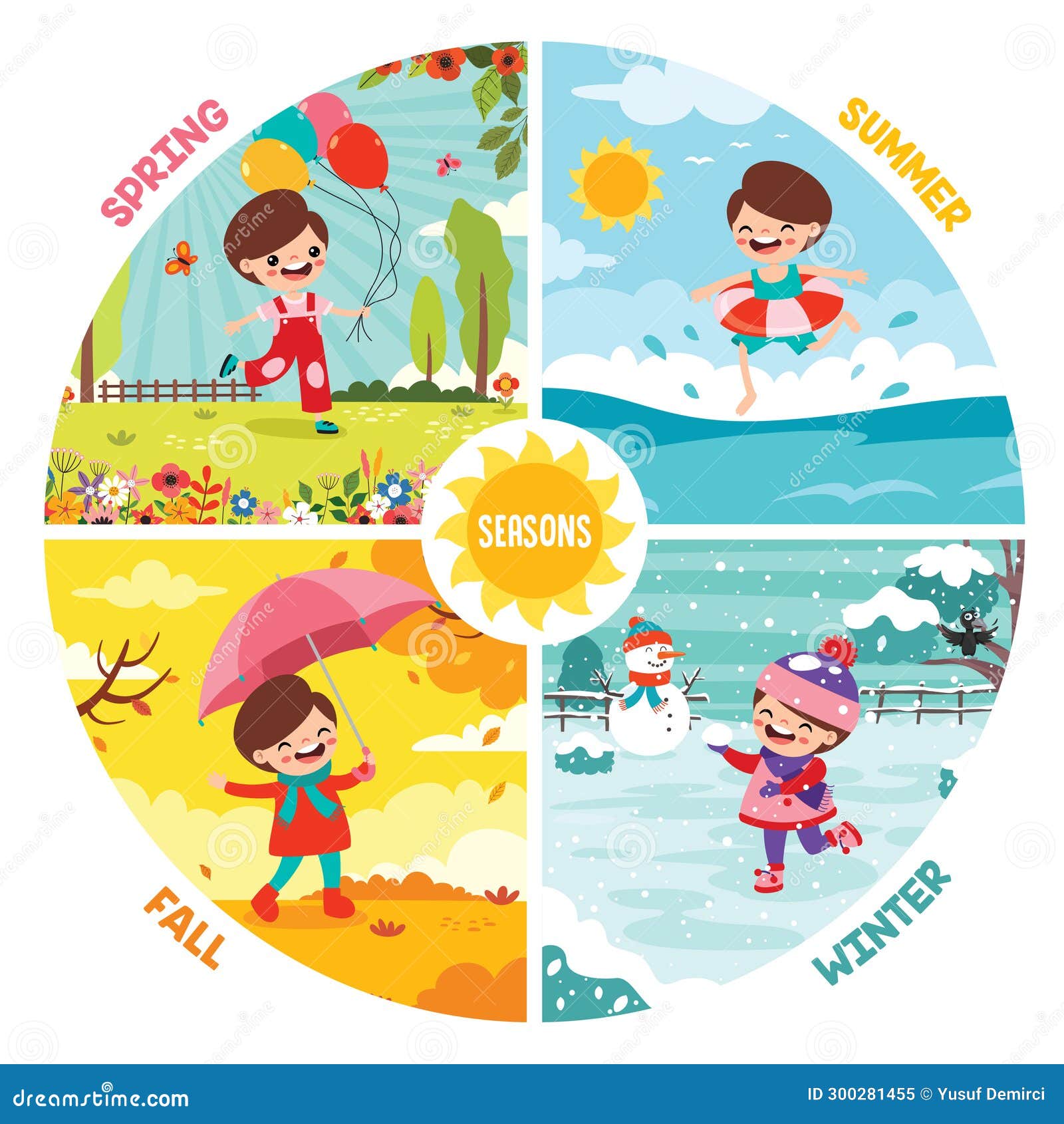 Four Seasons with Cartoon Kid Stock Illustration - Illustration of fall ...