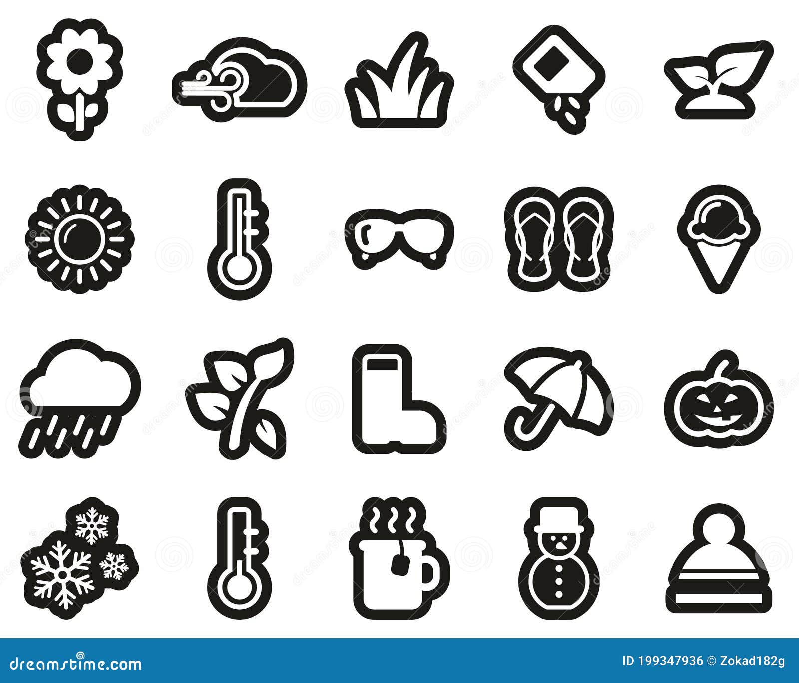 Four Seasons Icons White on Black Sticker Set Big Stock Vector ...