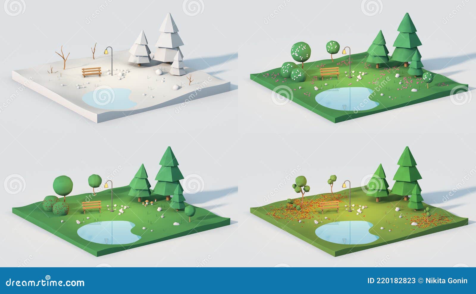 Four Seasons in Park Low Poly Scene 3D Render Stock Illustration ...