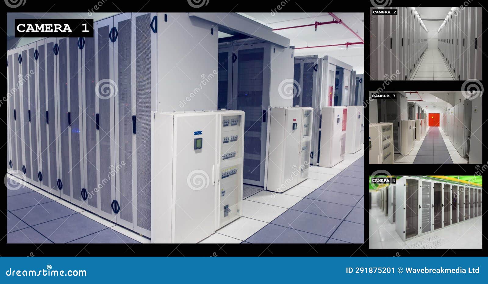 Four Security Camera Views of Business Computer Server Room Interiors ...