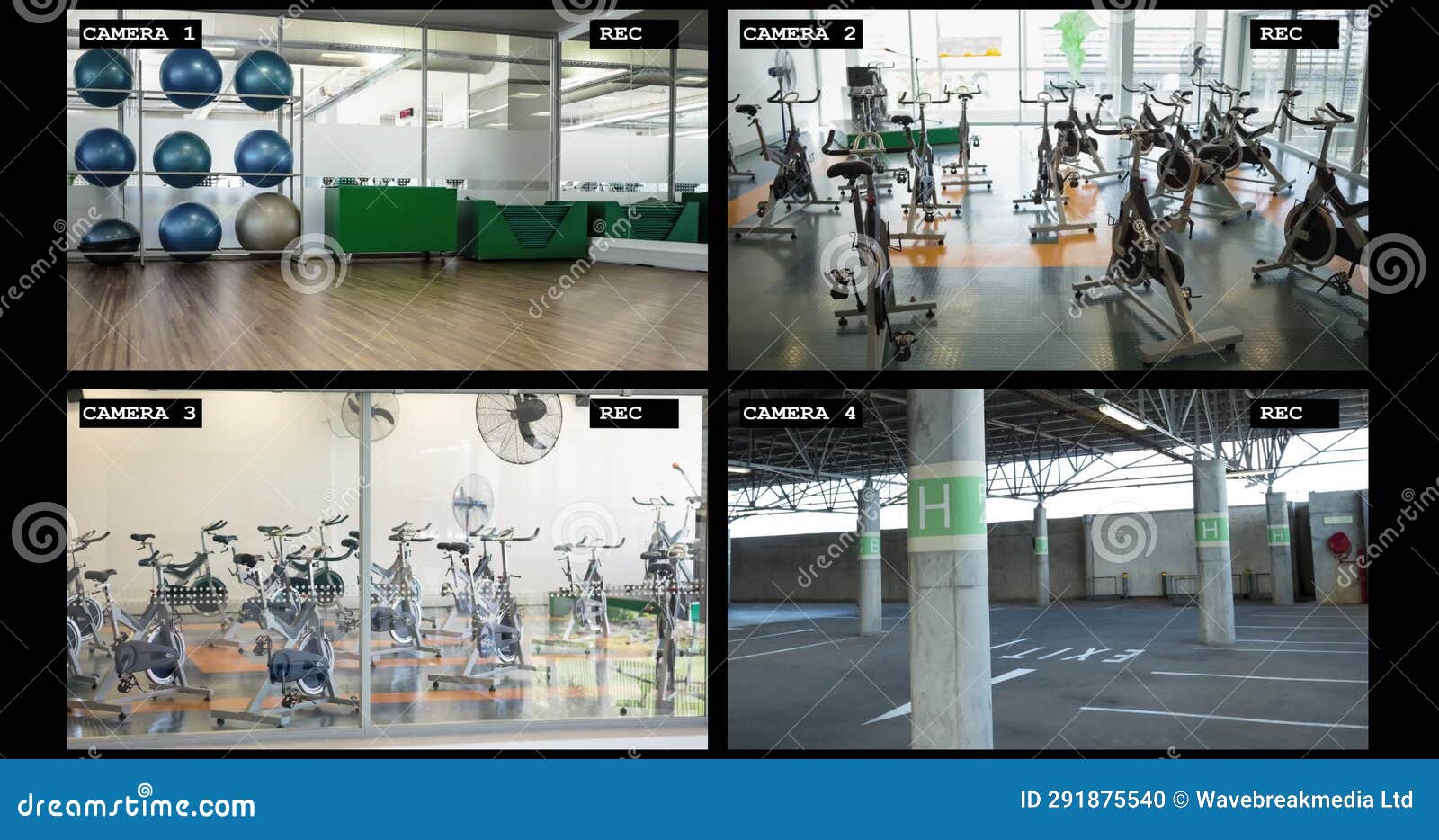 Four Security Camera Views of Gym Exercise Room Interiors, Equipment ...