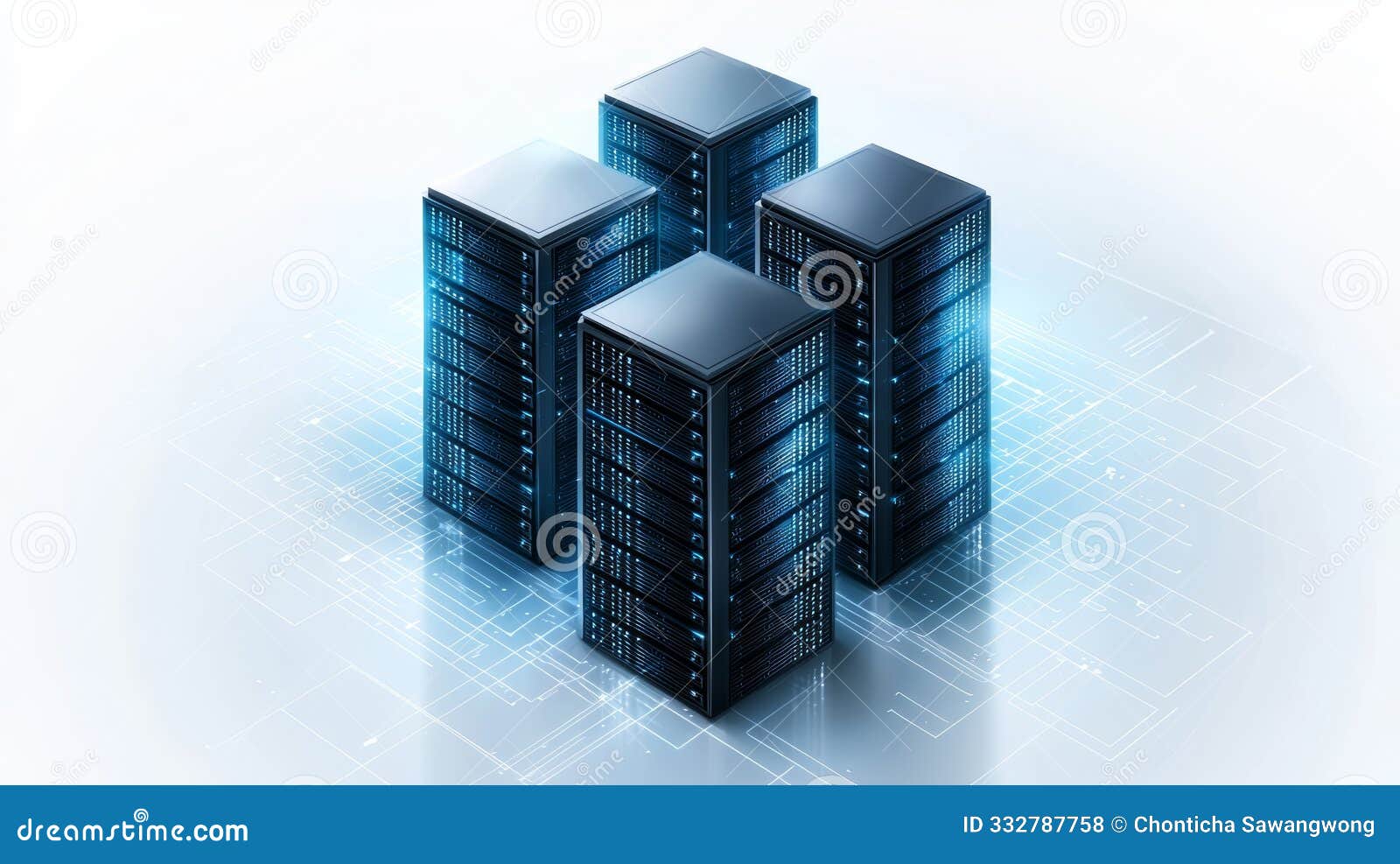 Four Server Racks with Glowing Blue Lights on a White Background with a ...