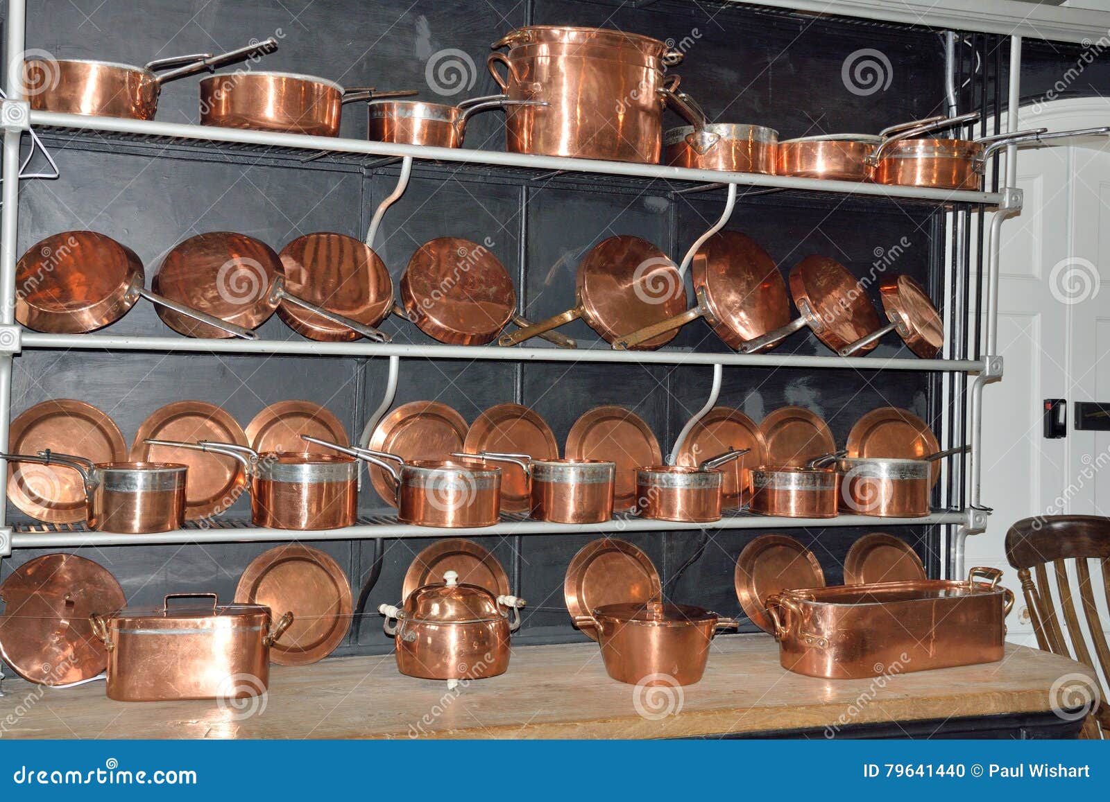 Four Shelves of Antique Copper Cookware Stock Photo - Image of catering ...