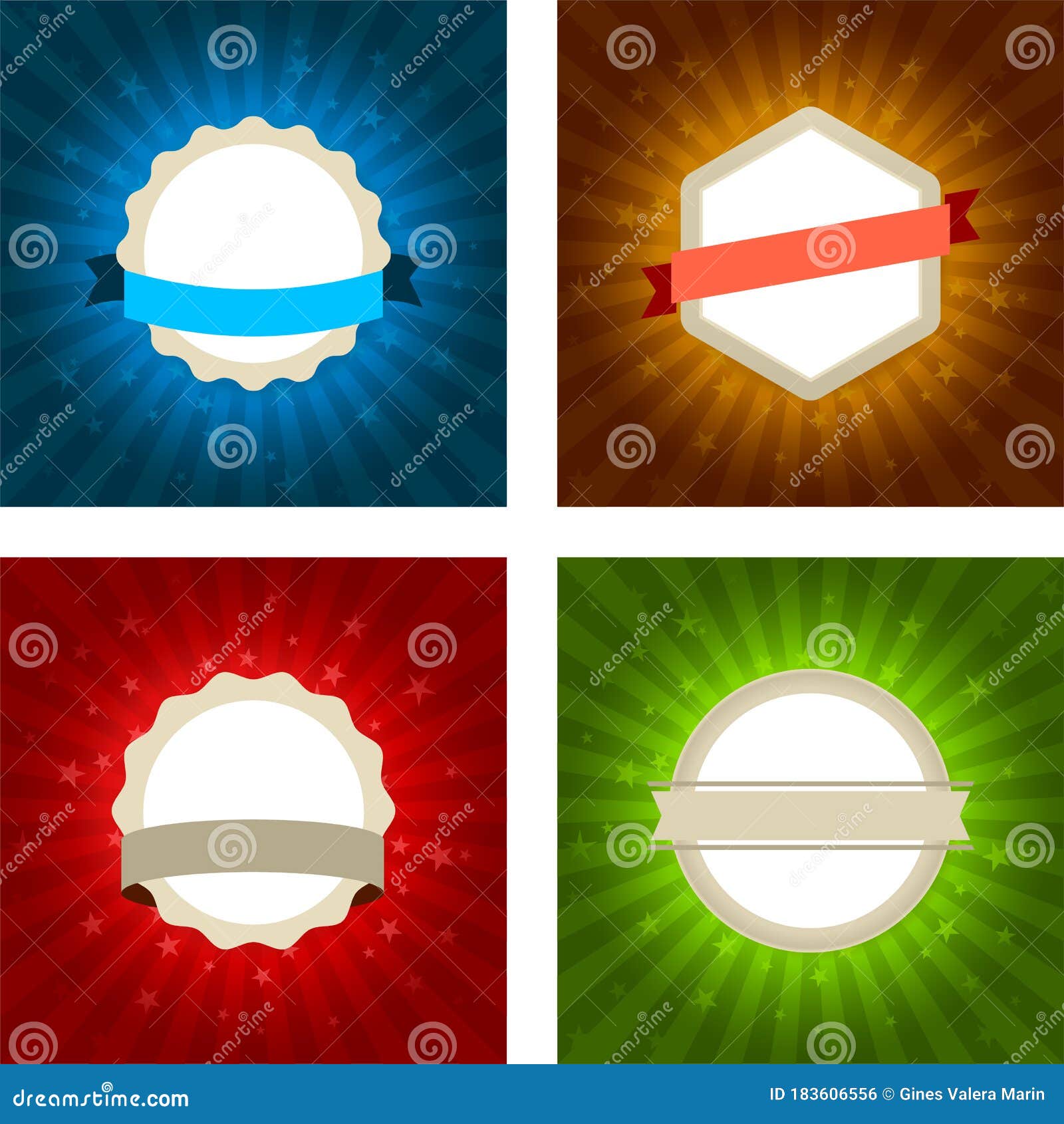 Four Shiny Geometric Badges with Ribbons in Different Colors Stock ...