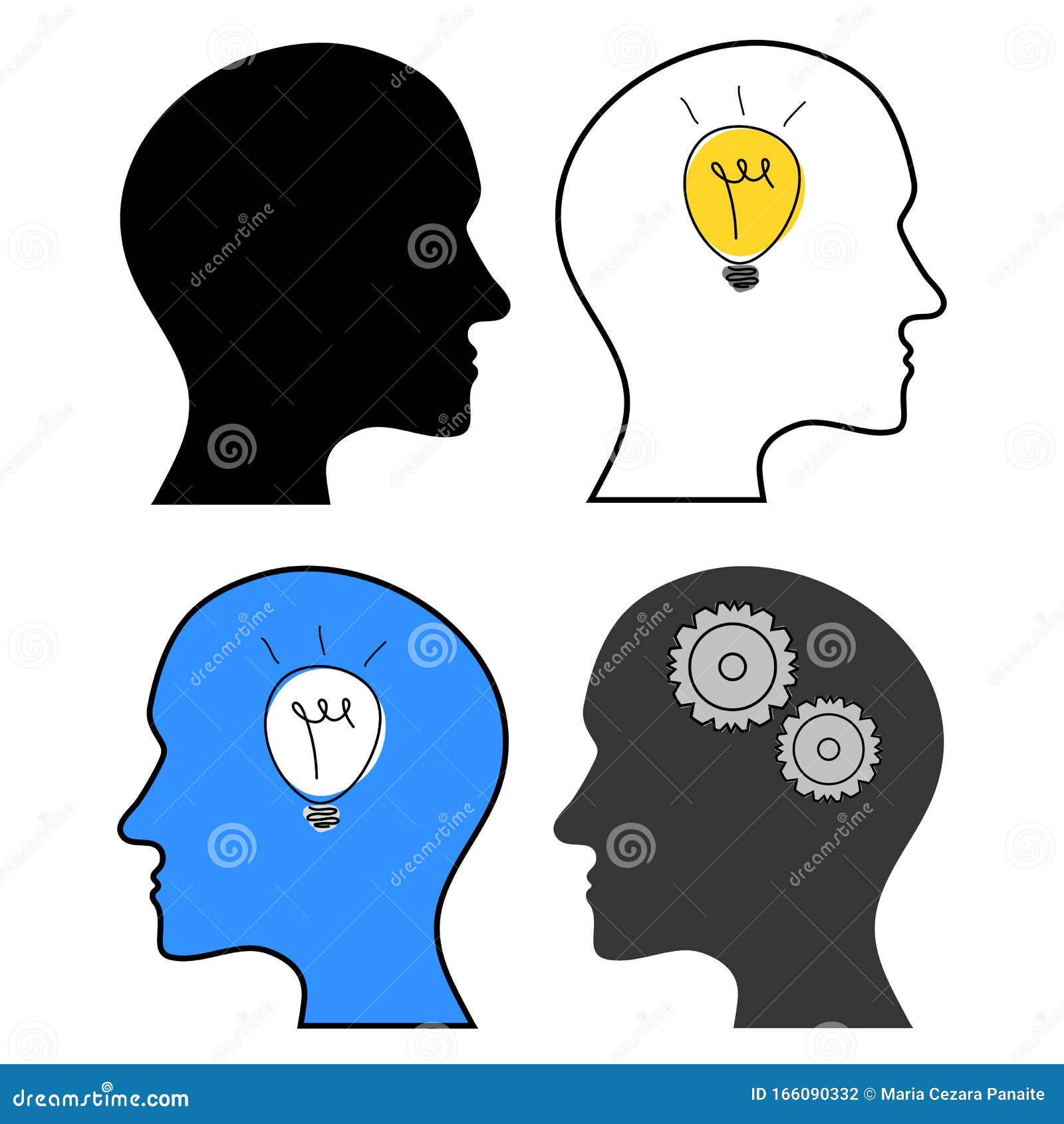 Four Simple Vector Human Heads with Light Bulbs and Gears Stock Vector ...