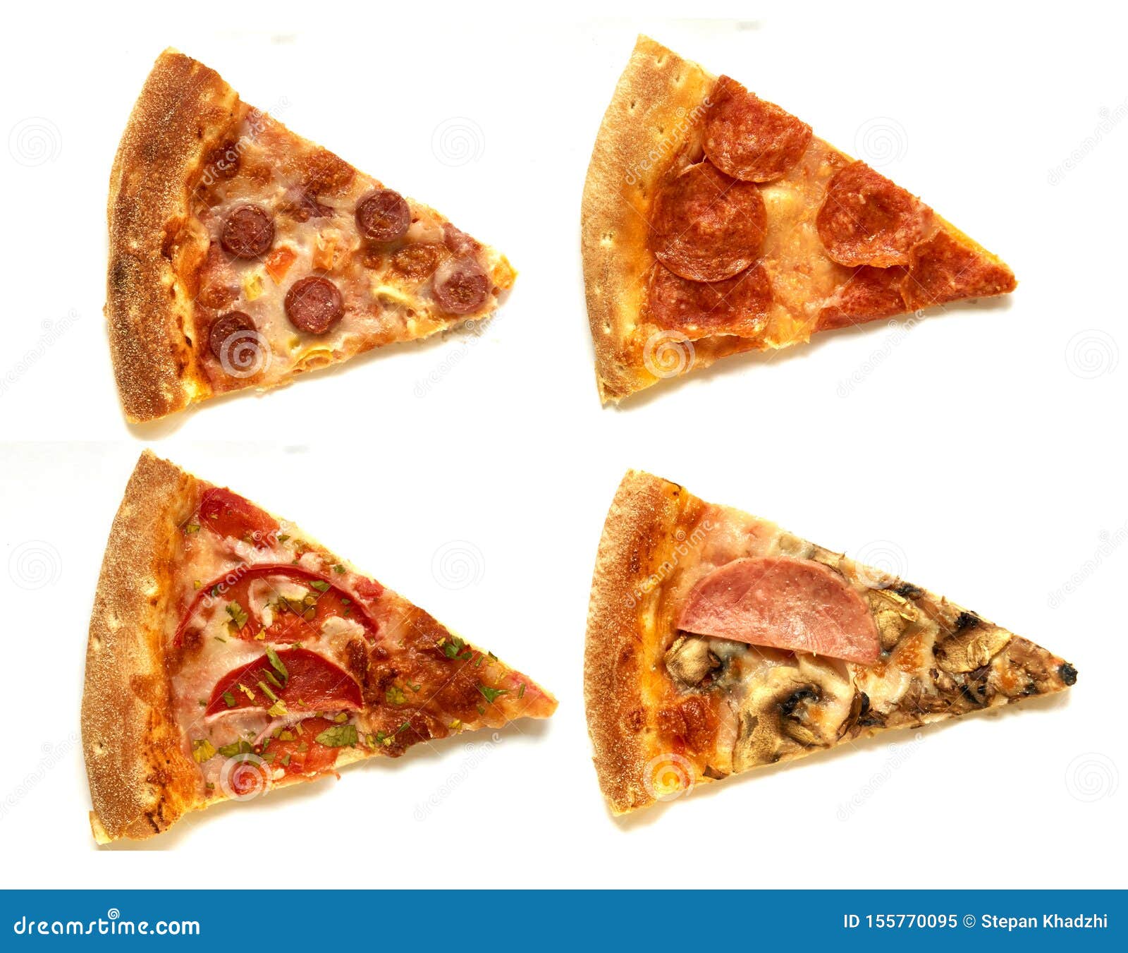 Four Slices of Different Pizza. Pizza with Mushrooms, Pepperoni, Ham ...