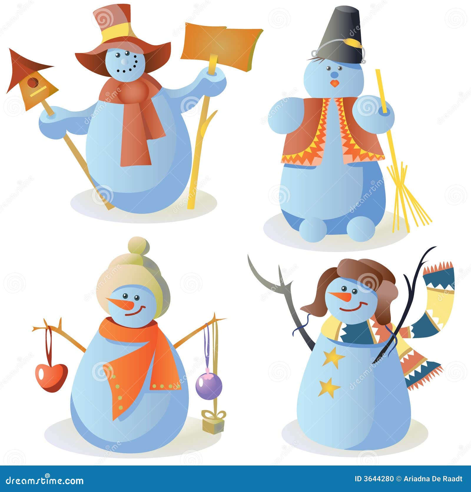 Four Snowmen in Children Style Stock Illustration - Illustration of ...