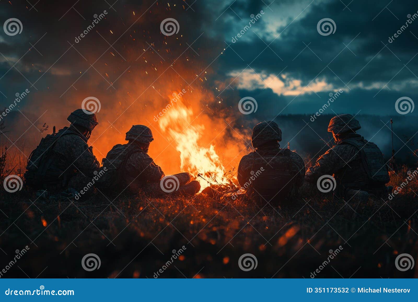 Four Soldiers are Taking a Break, Sitting by a Campfire at Night ...